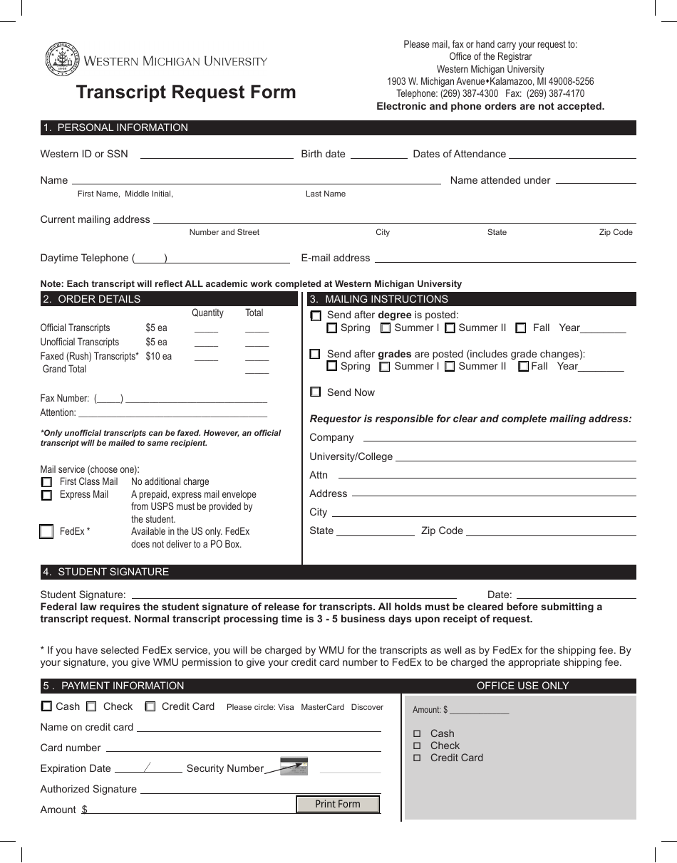 Michigan Transcript Request Form - Western Michigan University - Fill ...
