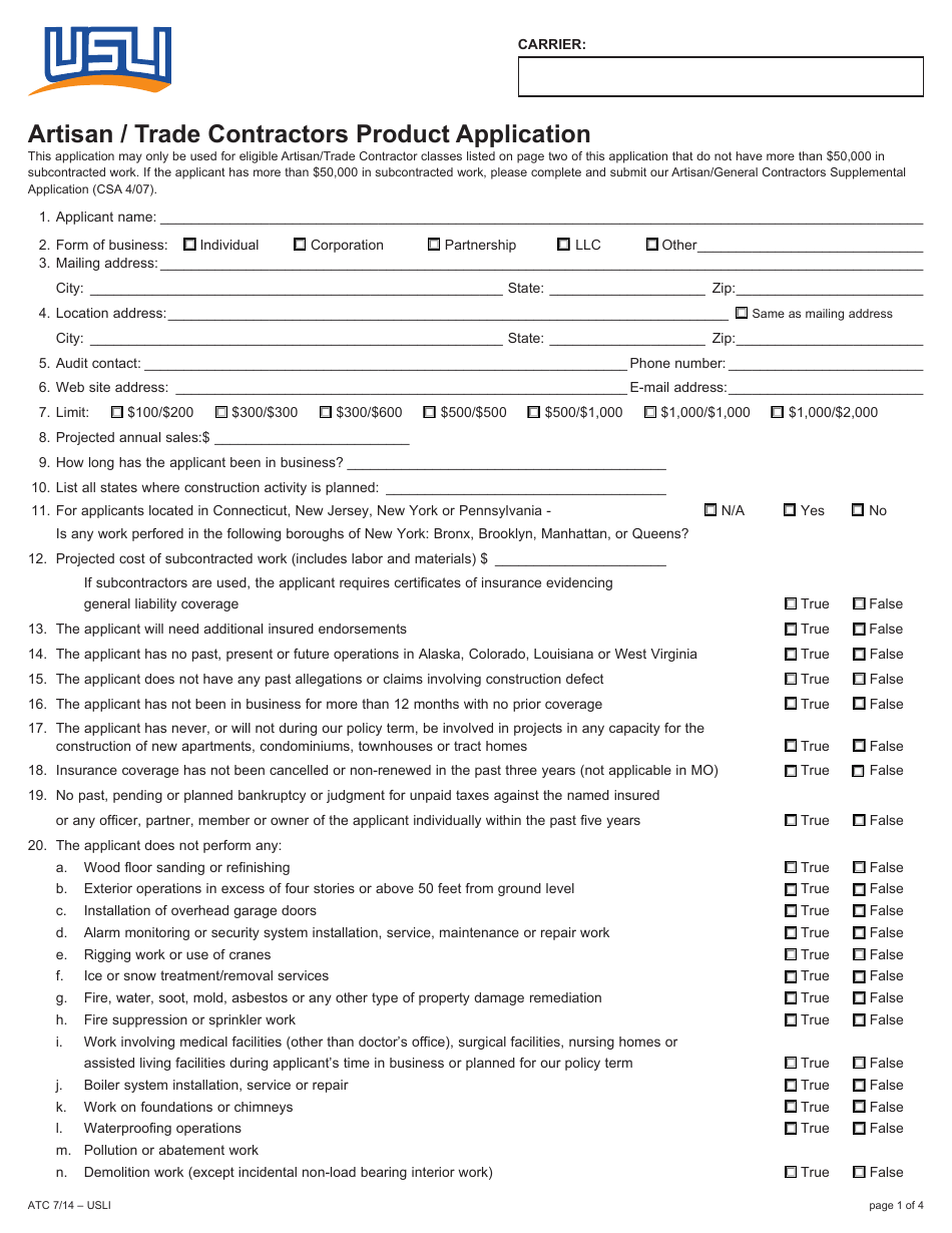 Artisan / Trade Contractors Product Application Form - Usli - Fill Out ...