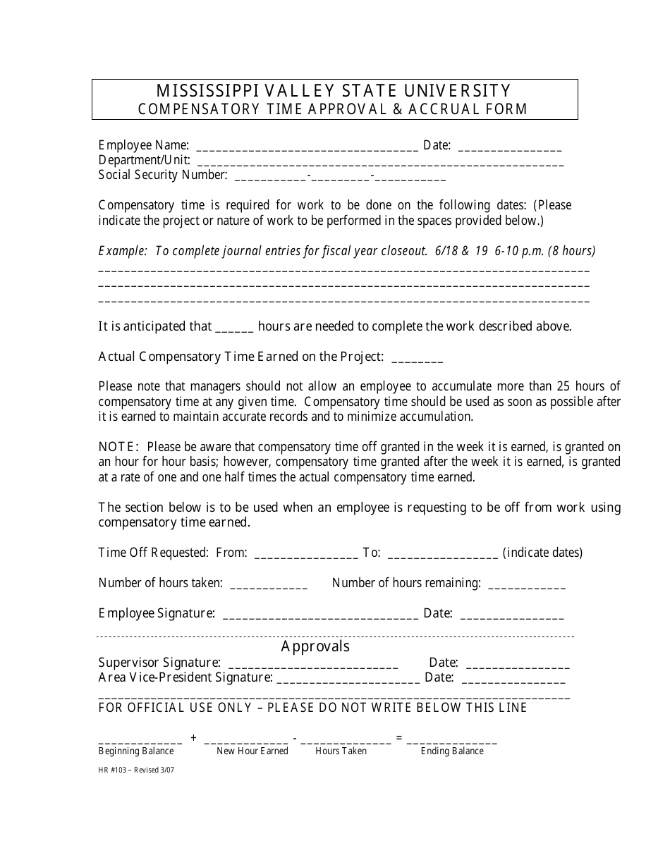 Compensatory Time Approval & Accrual Form - Mississippi Valley State ...