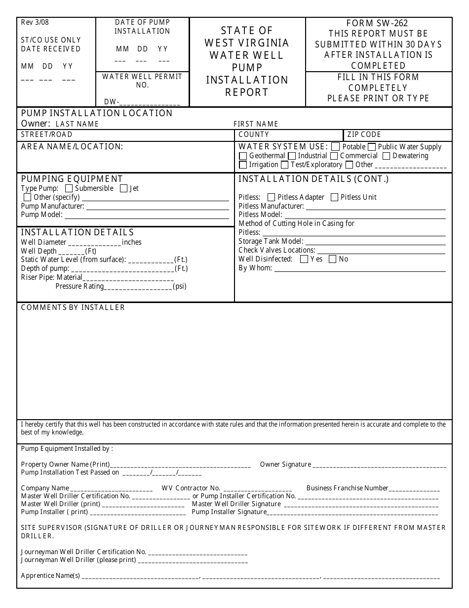 Form SW-262 - Fill Out, Sign Online and Download Fillable PDF, West ...