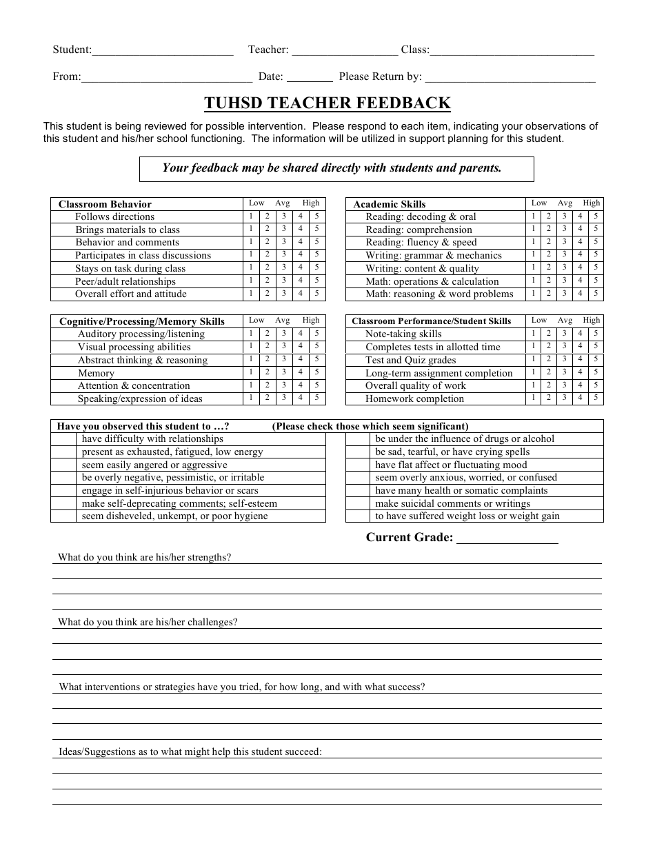Teacher Feedback Form - Tempe Union High School District - Fill Out ...