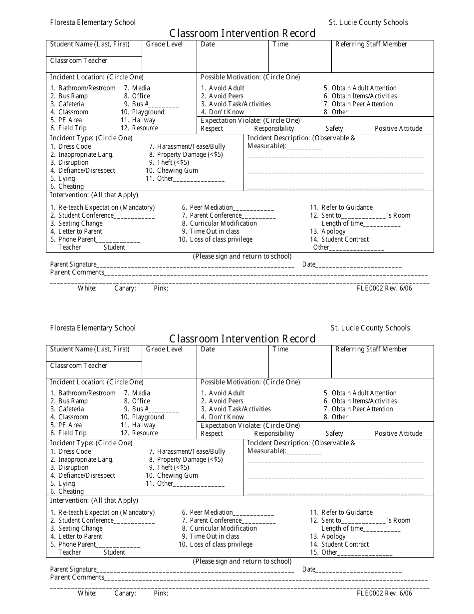 Classroom Intervention Record Form - Floresta Elementary School - Fill ...