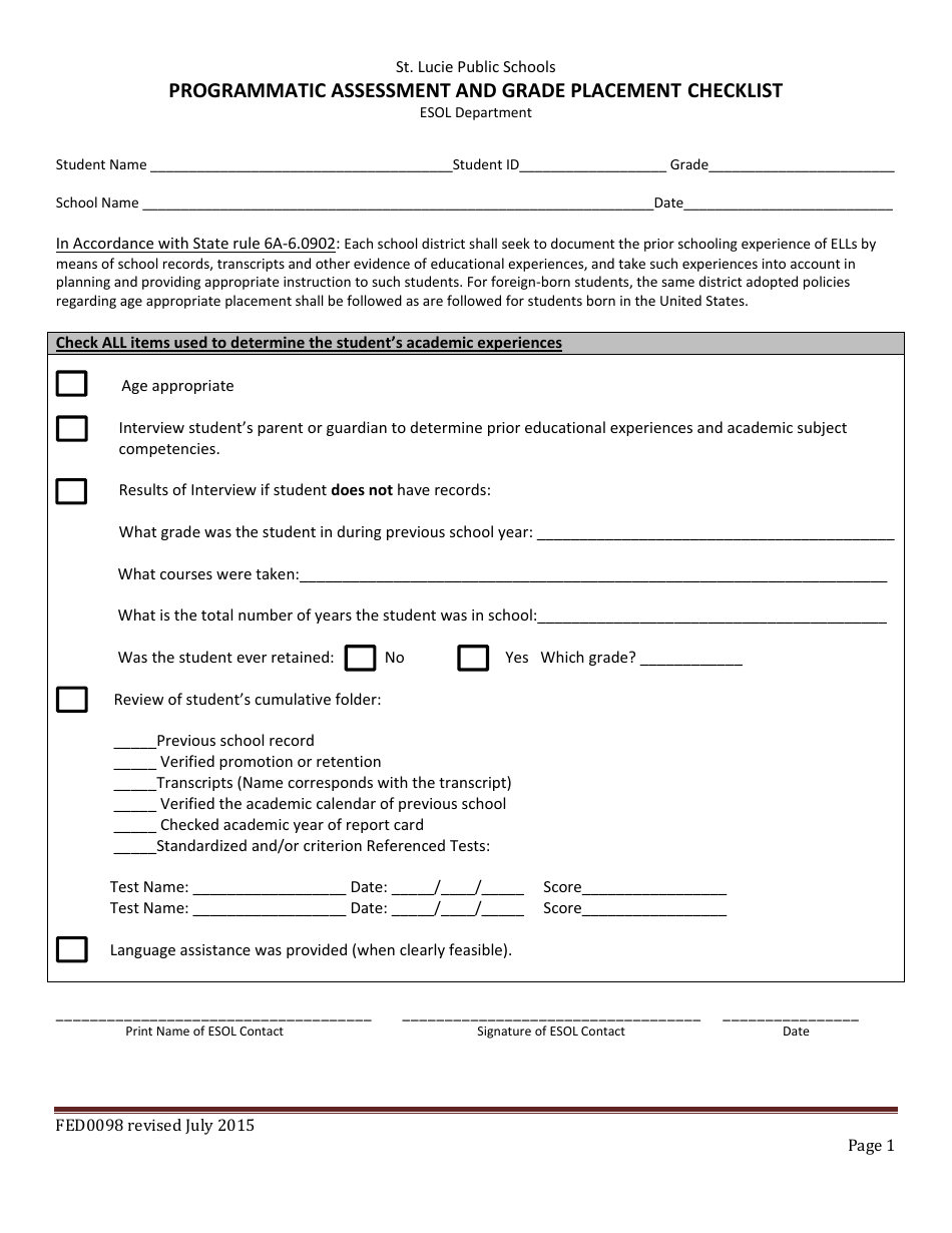 Programmatic Assessment and Grade Placement Checklist - St. Lucie ...