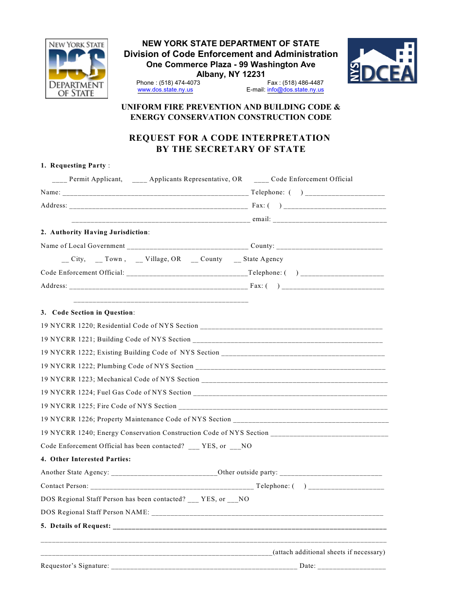 New York Request for a Code Interpretation by the Secretary of State ...
