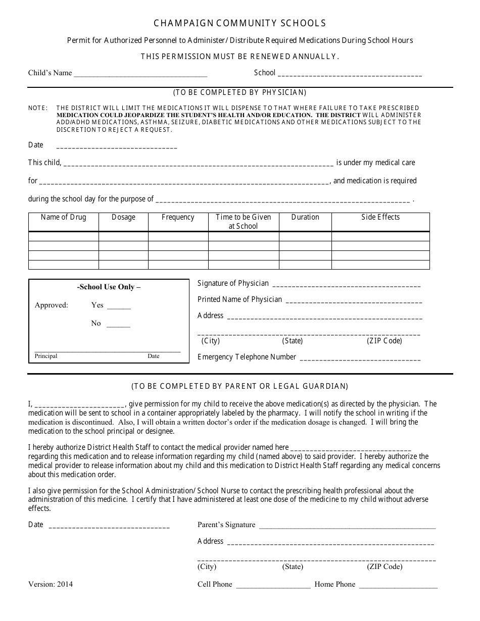 Medication During School Hours Permit Form - Champaign Community ...