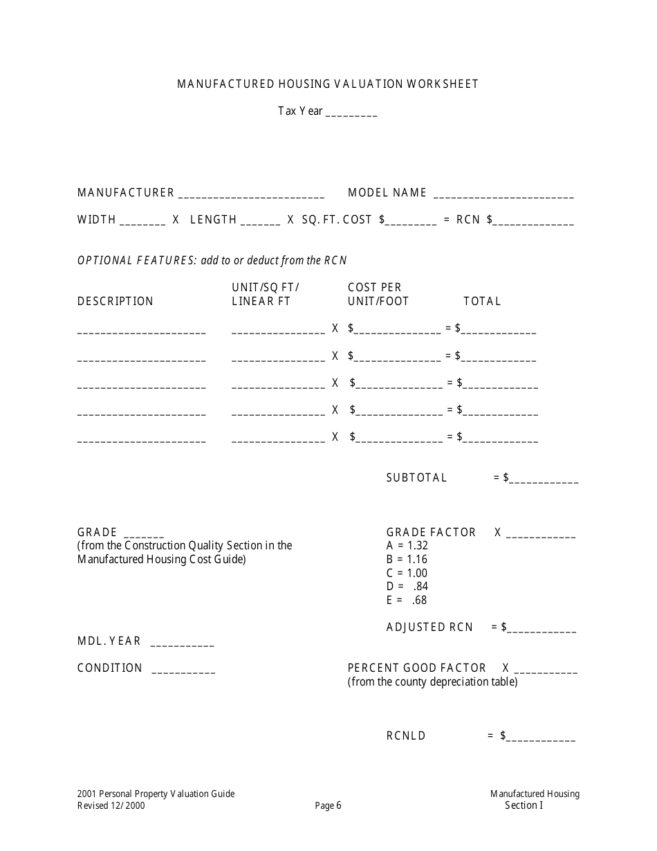 Manufactured Housing Valuation Worksheet - Fill Out, Sign Online and ...