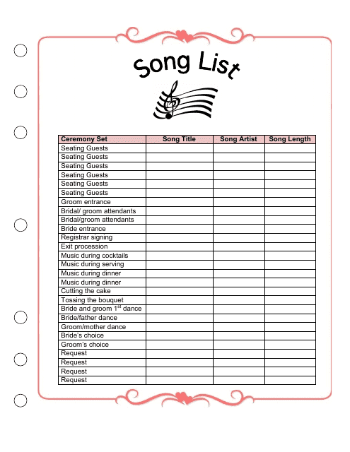Printable Wedding Song Playlist Template Printable Word Searches