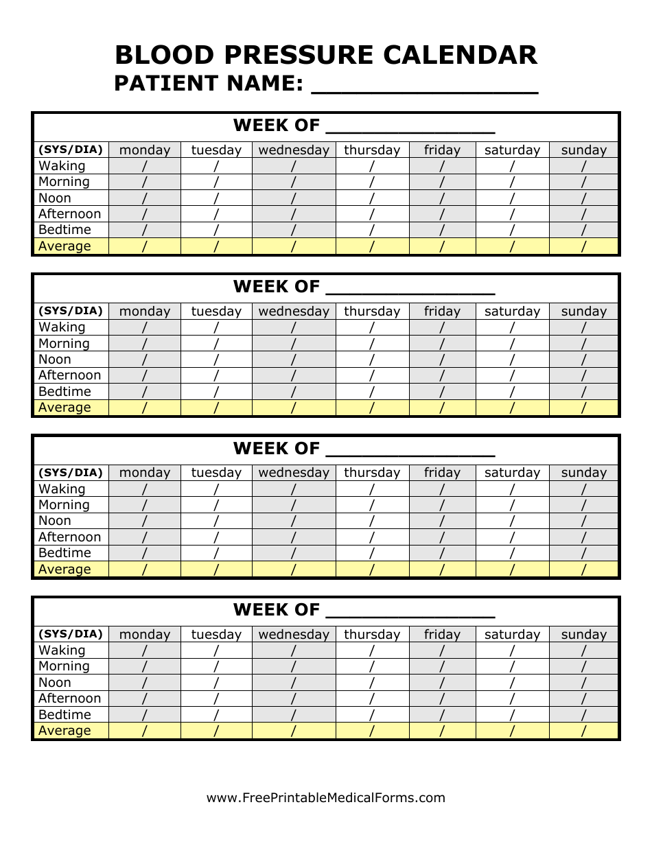 Weekly Blood Pressure Calendar Template Download Printable PDF 
