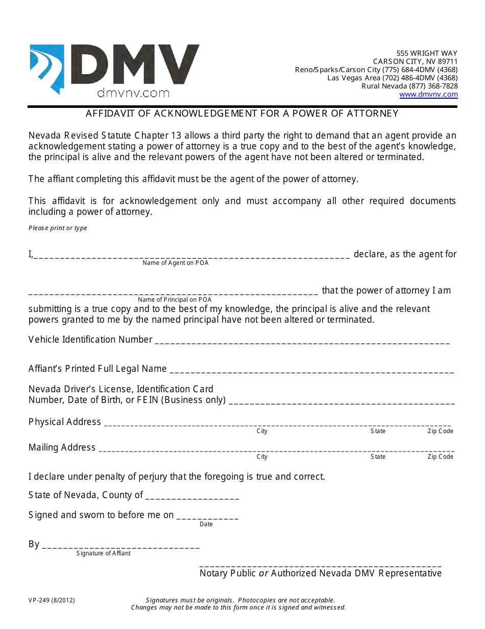 Form VP-249 - Fill Out, Sign Online and Download Fillable PDF, Nevada ...