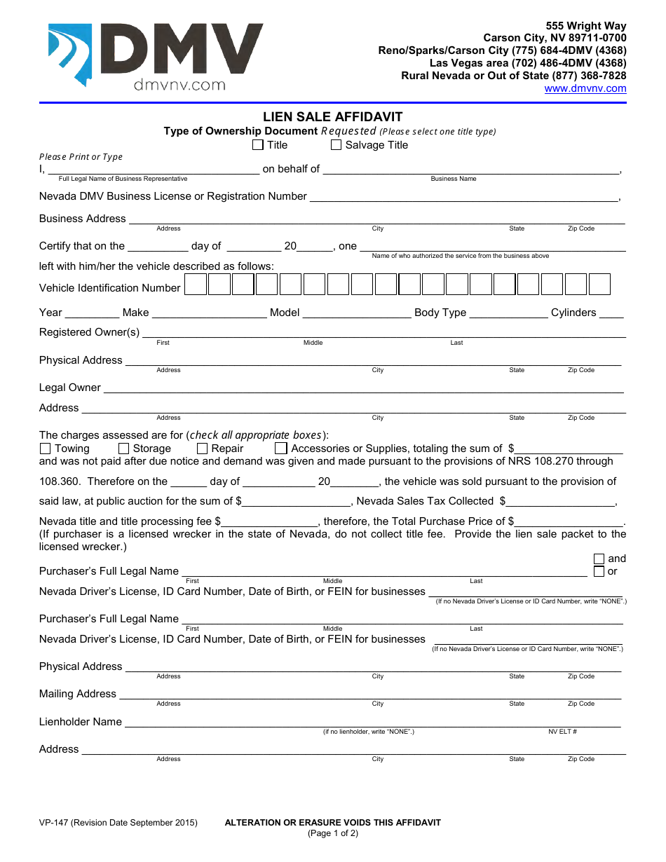 Form VP-147 - Fill Out, Sign Online and Download Fillable PDF, Nevada ...