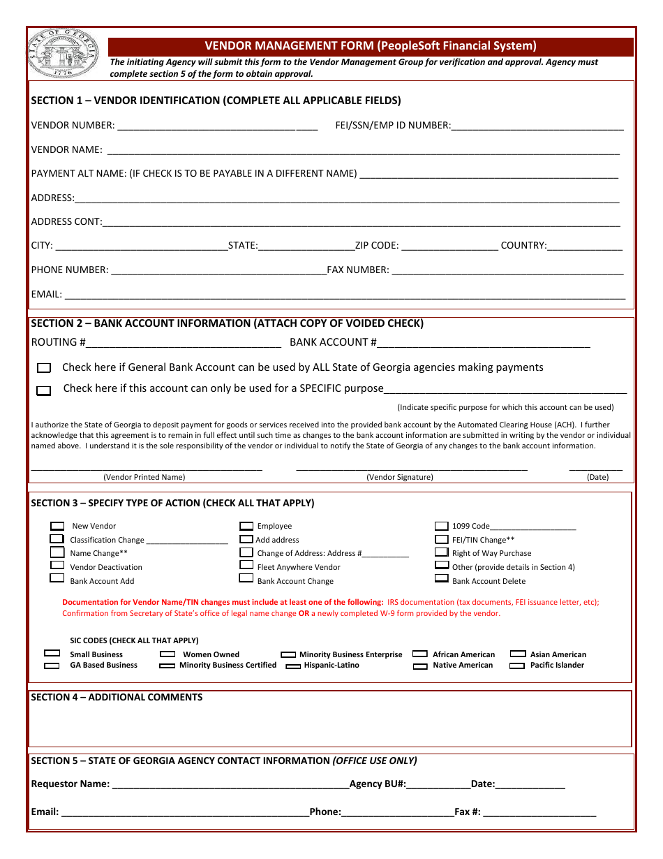 Georgia (United States) Vendor Management Form (Peoplesoft Financial ...