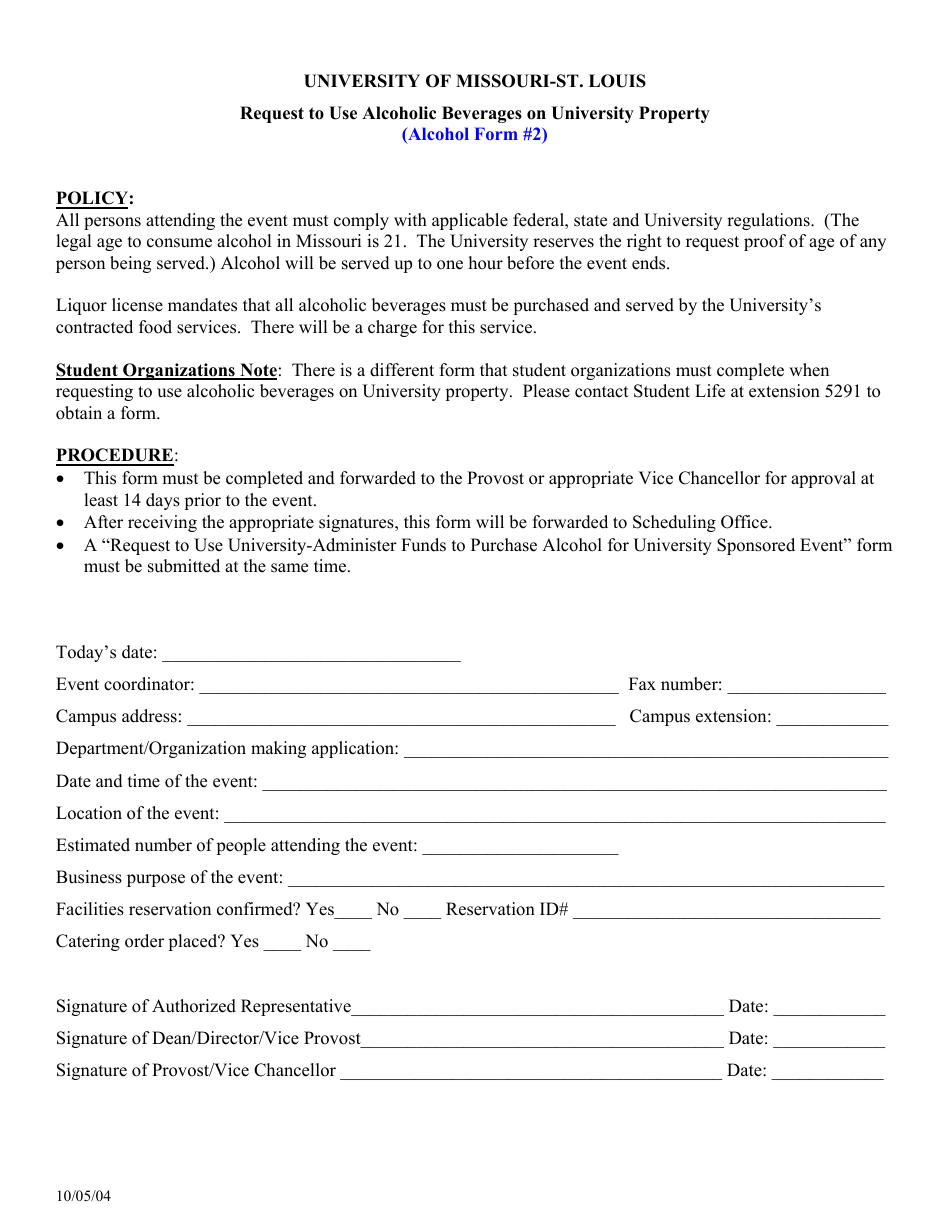 Missouri Request to Use Alcoholic Beverages on University Property ...