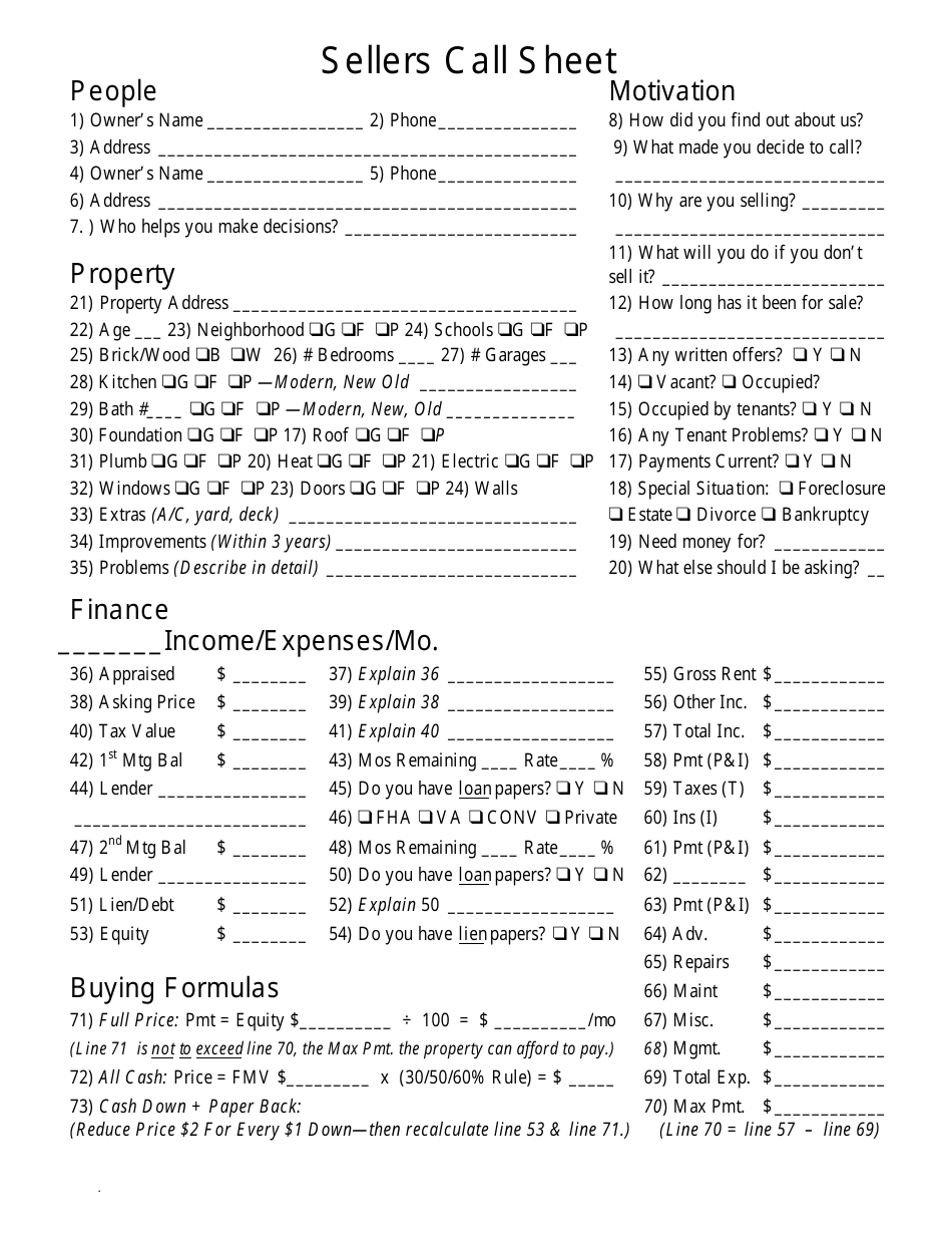 Sellers Call Sheet Template Download Printable PDF | Templateroller