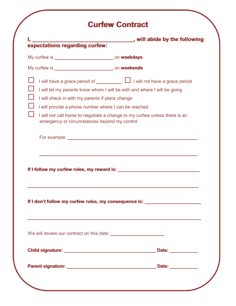 Curfew Contract Template for Kids - Fill Out, Sign Online and Download ...