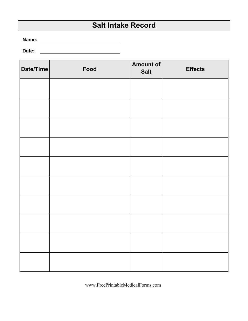 Salt Intake Record Template Download Printable PDF | Templateroller