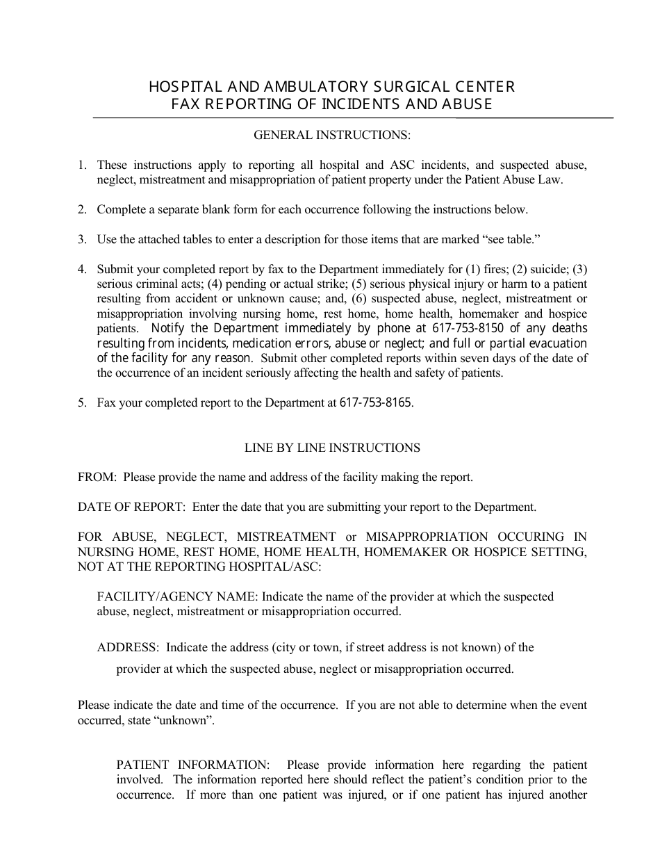 Massachusetts Hospital and Ambulatory Surgical Center Fax Report Form ...