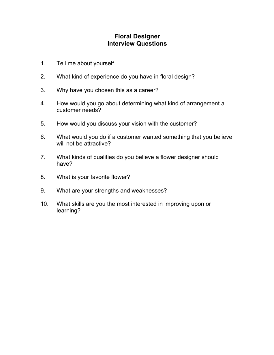 Sample Floral Designer Interview Questions - Fill Out, Sign Online and ...