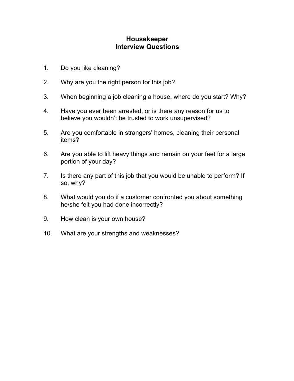Sample Housekeeper Interview Questions Fill Out Sign Online And