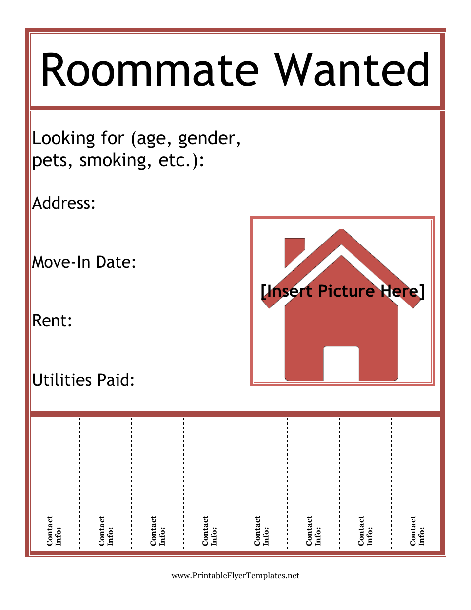 Roommate Wanted Flyer Template With Picture Box Download Printable PDF 