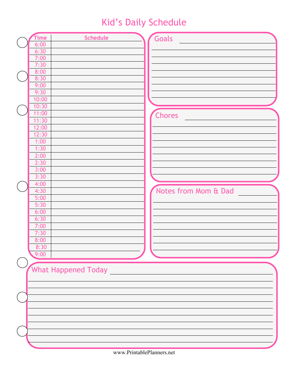 Kid's Pink Daily Schedule Template Download Printable PDF | Templateroller