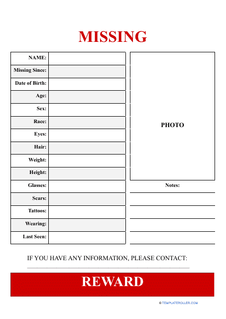 Missing Person Poster Template With Reward Download Printable PDF 