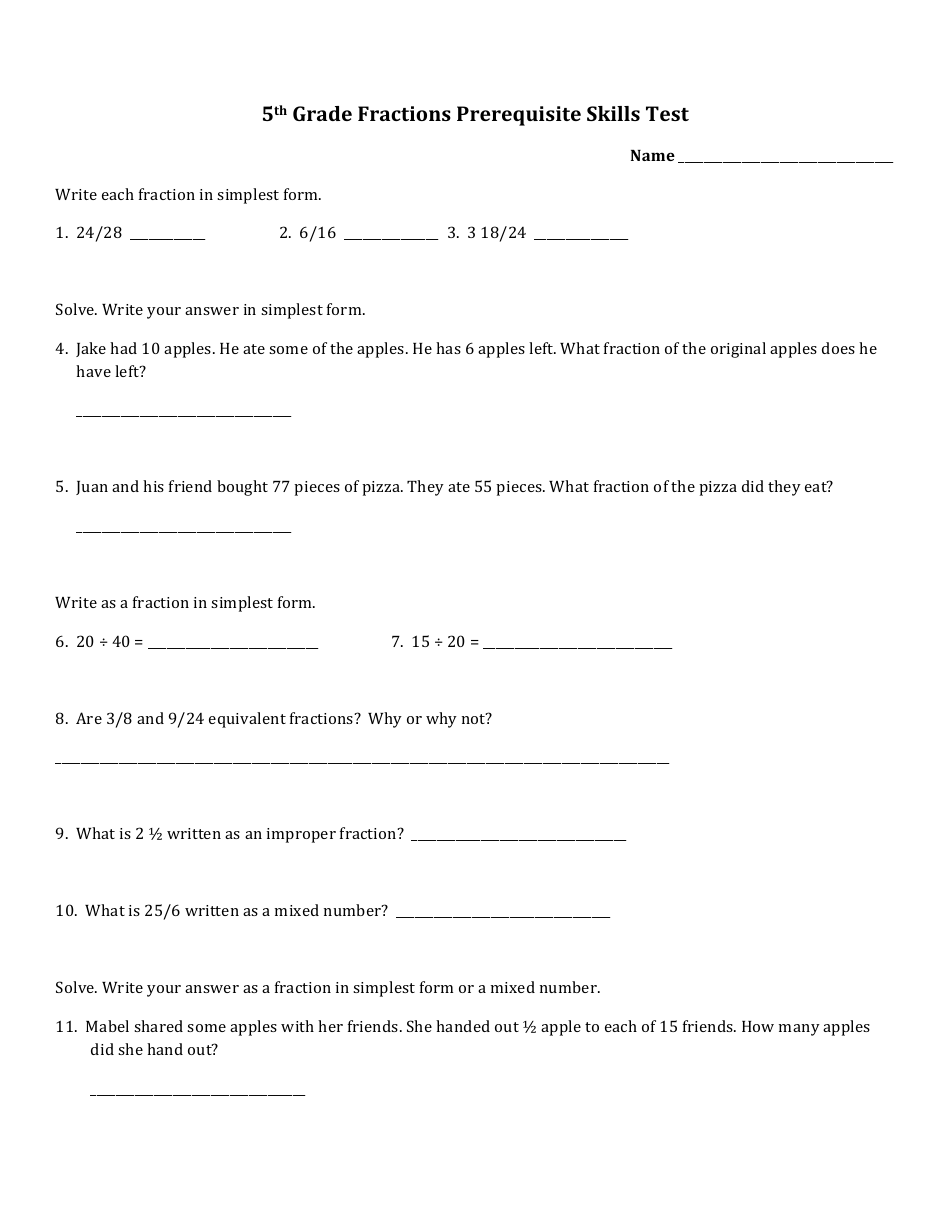 5th Grade Fractions Prerequisite Skills Test - Santa Ana Unified School ...
