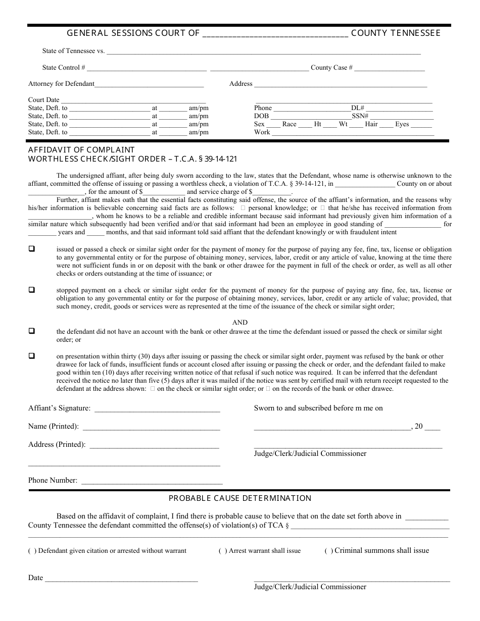 Tennessee Affidavit of Complaint - Worthless Check/Sight Order - Fill ...