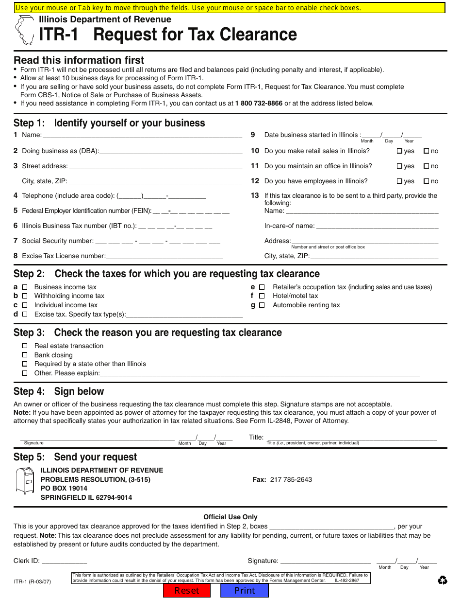 Form ITR-1 - Fill Out, Sign Online and Download Fillable PDF, Illinois ...
