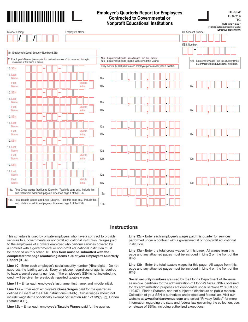 Form RT-6EW - Fill Out, Sign Online and Download Printable PDF, Florida ...