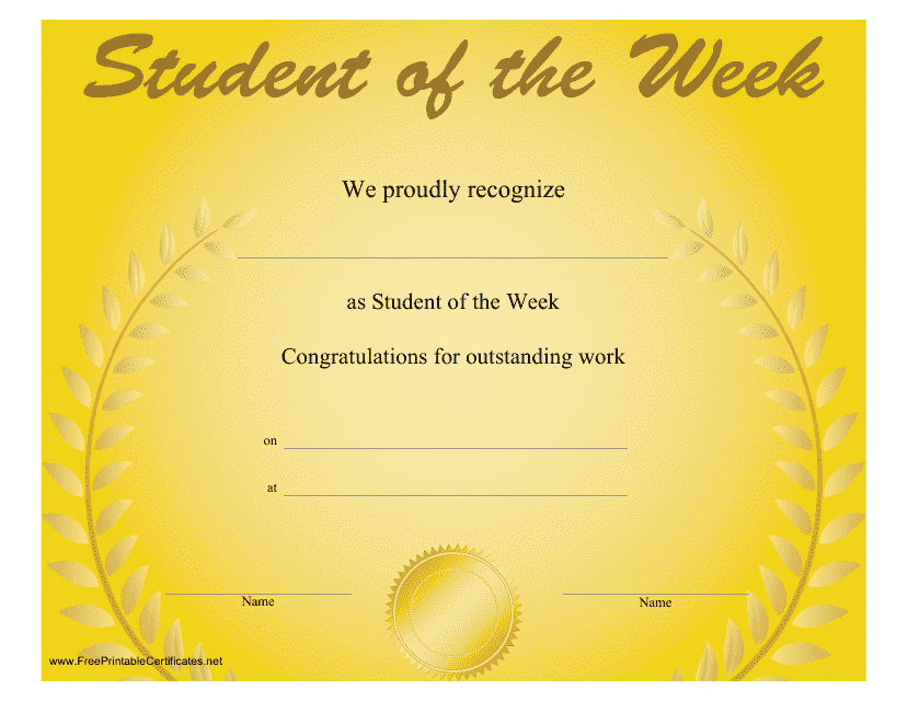 Student Of The Week Certificate Template Yellow Download Printable