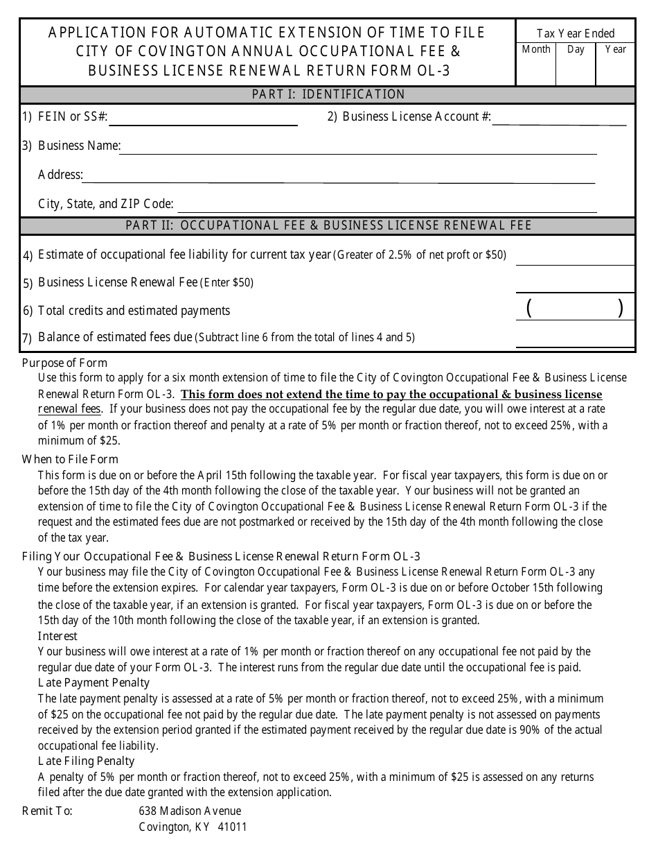 City of Covington, Kentucky Application for Automatic Extension of Time ...