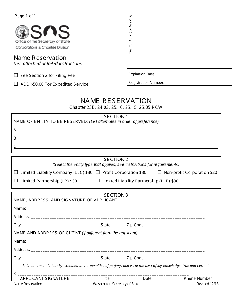 Washington Name Reservation Download Fillable PDF | Templateroller