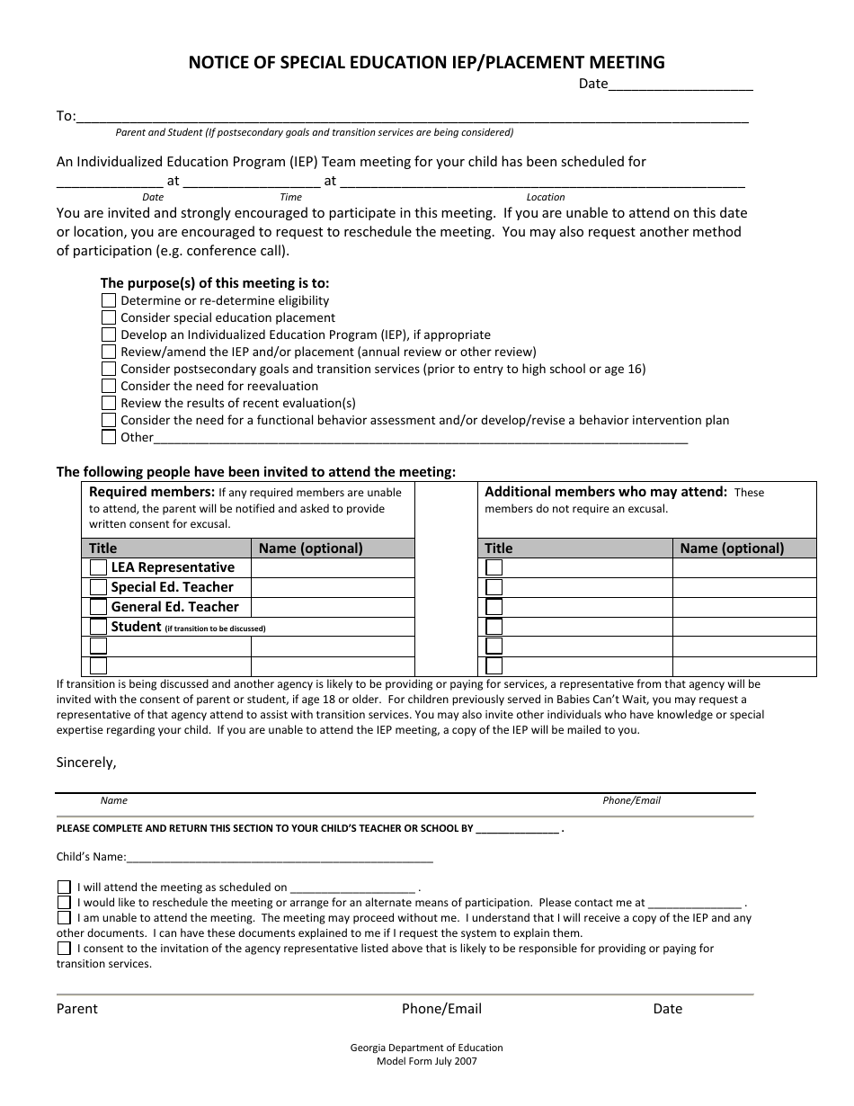 Georgia (United States) Notice of Special Education Iep/Placement ...