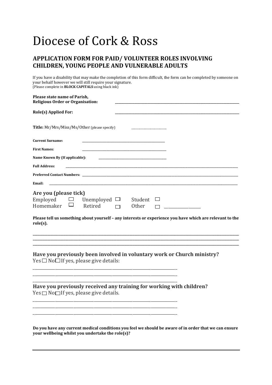 Application Form for Paid/ Volunteer Roles Involving Children, Young ...