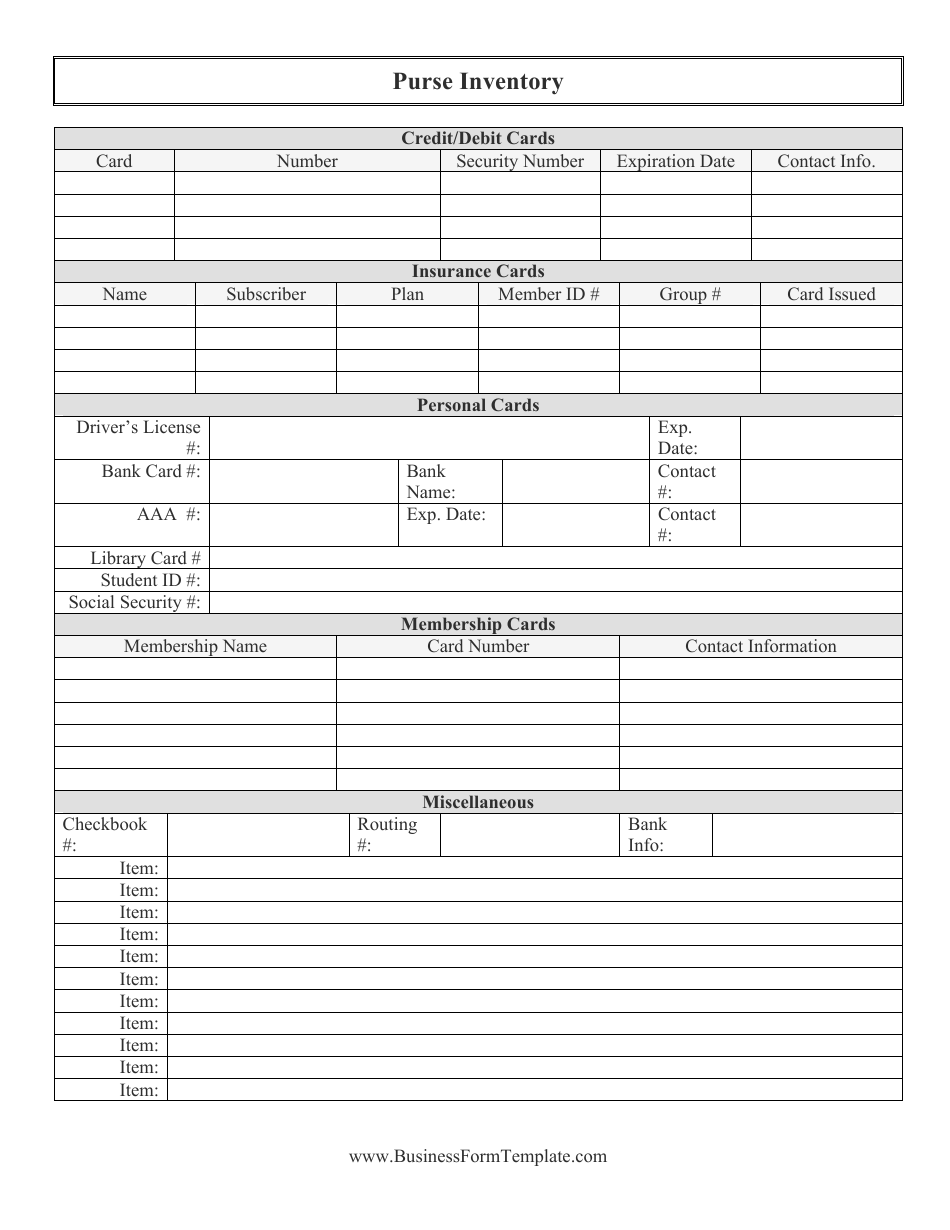 Purse Inventory Template Download Printable PDF | Templateroller