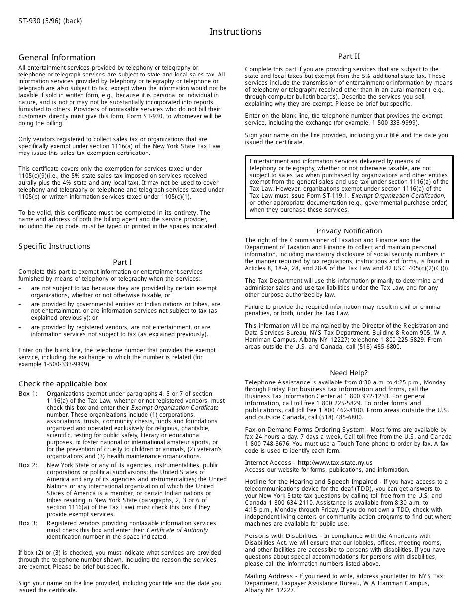 Download Instructions for Form ST-930 Certification of Tax Status of ...