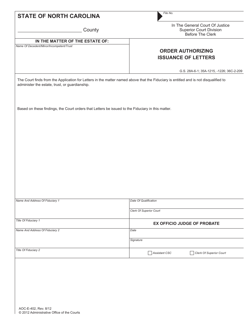 Form AOC-E-402 - Fill Out, Sign Online and Download Fillable PDF, North Carolina | Templateroller