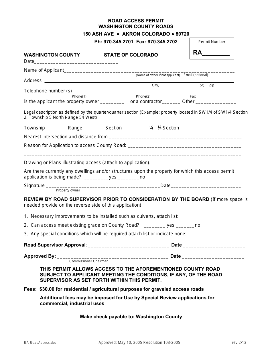 Washington County, Colorado Road Access Permit - Fill Out, Sign Online ...