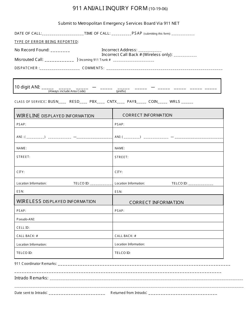 911 Ani/Ali Inquiry Form - Metropolitan Emergency Services Board - Fill ...