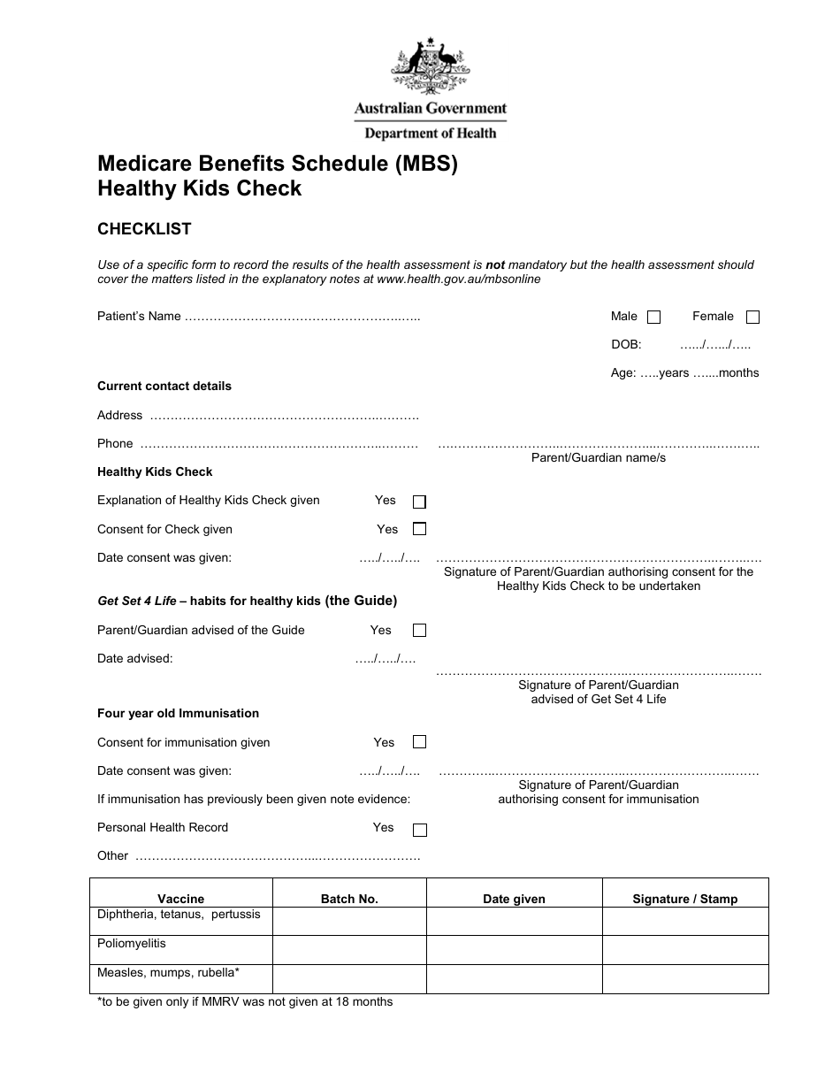 Australia Medicare Benefits Schedule (Mbs) Healthy Kids Check - Fill ... Australia Medicare Benefits Schedule (Mbs) Healthy Kids Check - Fill ...