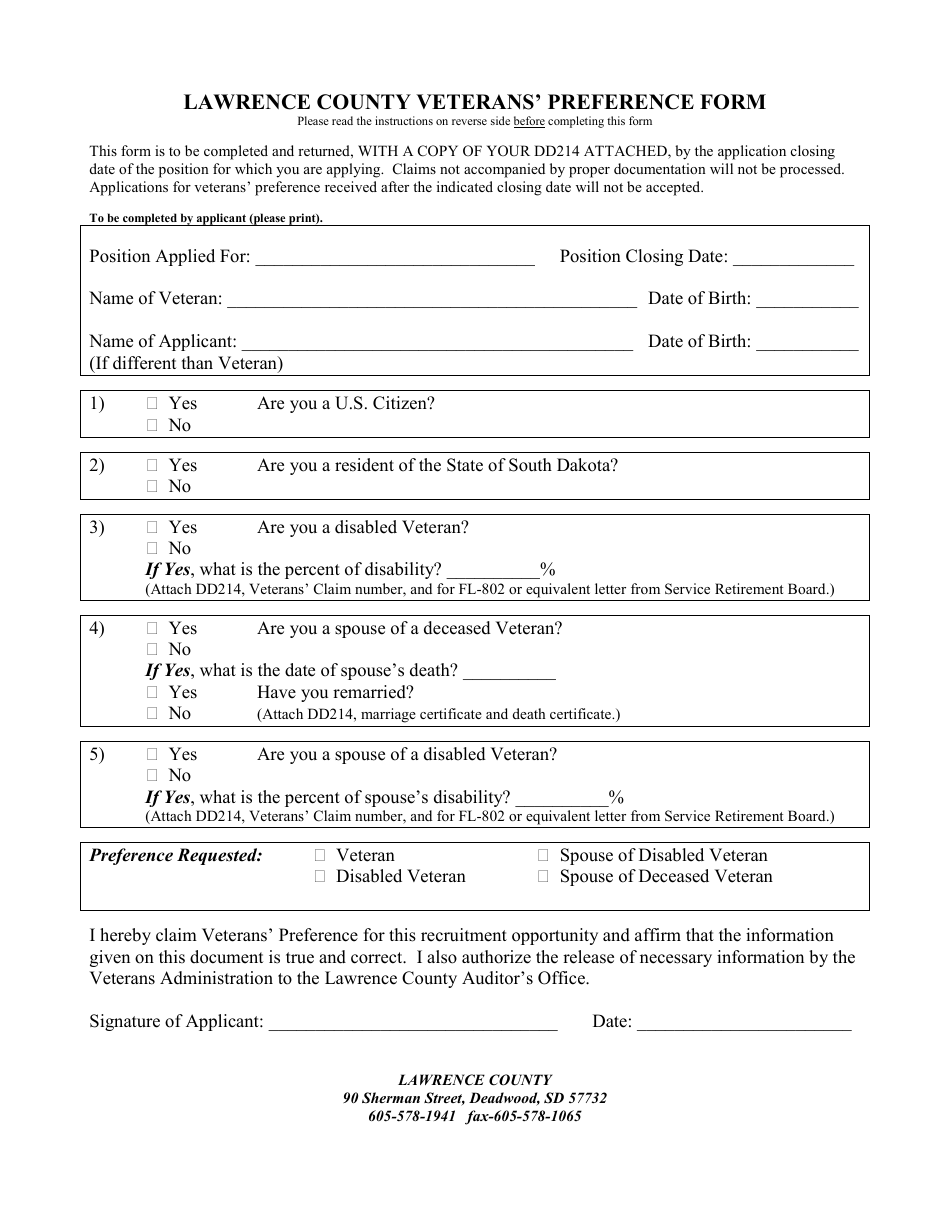 Lawrence County, South Dakota Veterans' Preference Form - Fill Out ...