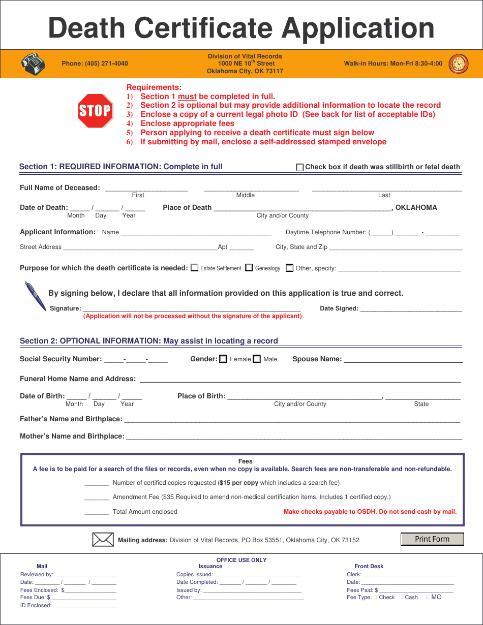 Oklahoma Death Certificate Application Form Fill Out Sign Online And 