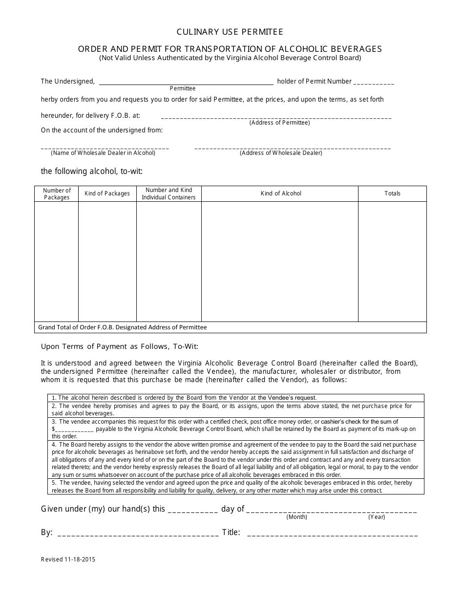 Virginia Order and Permit Form for Transportation of Alcoholic ...