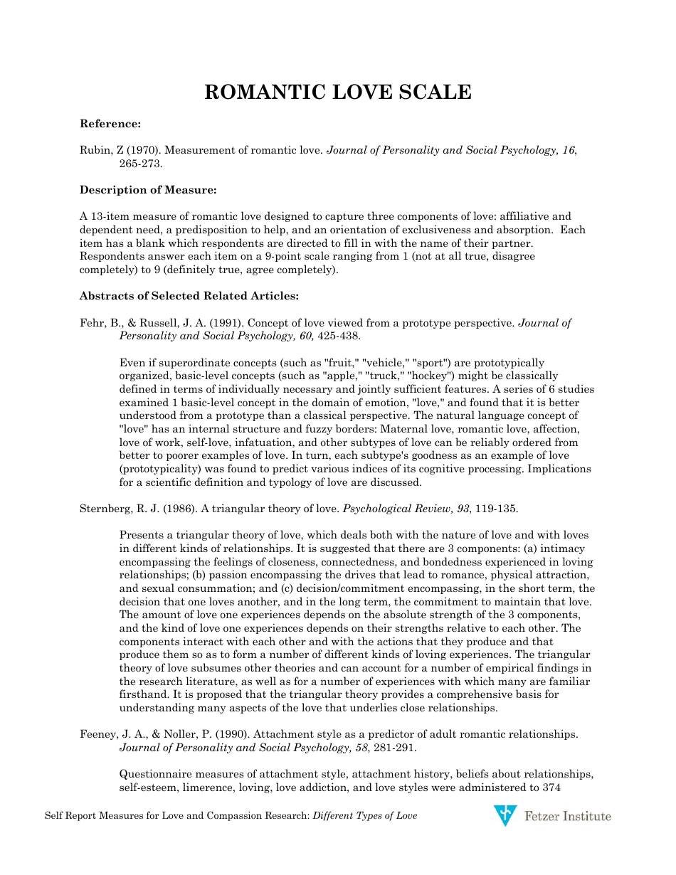 Romantic Love Scale Chart - Fetzer Institute Download Printable PDF ...