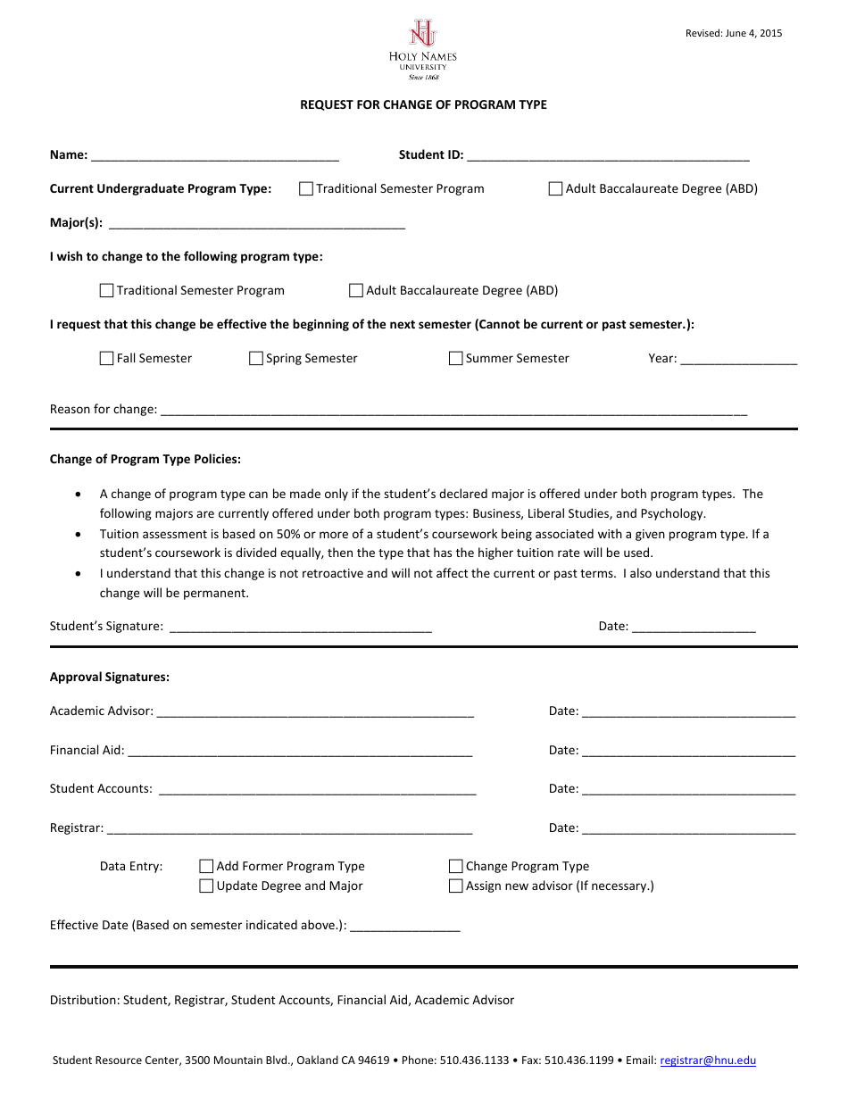 Request for Change of Program Type - Holy Names University Download ...