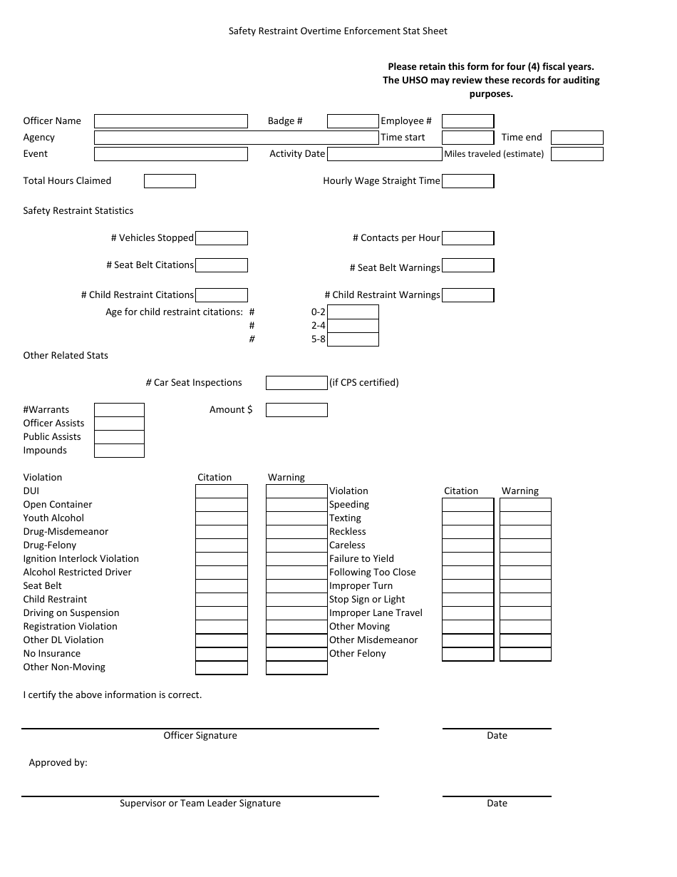 Safety Restraint Overtime Enforcement Stat Sheet Template - Fill Out ...