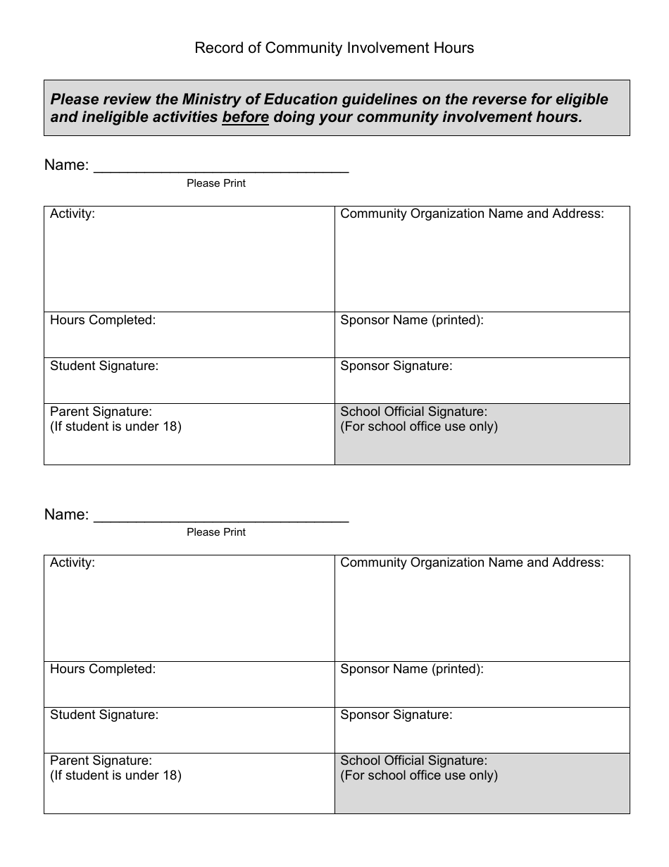 Community Involvement Hours Record Form - Fill Out, Sign Online and ...