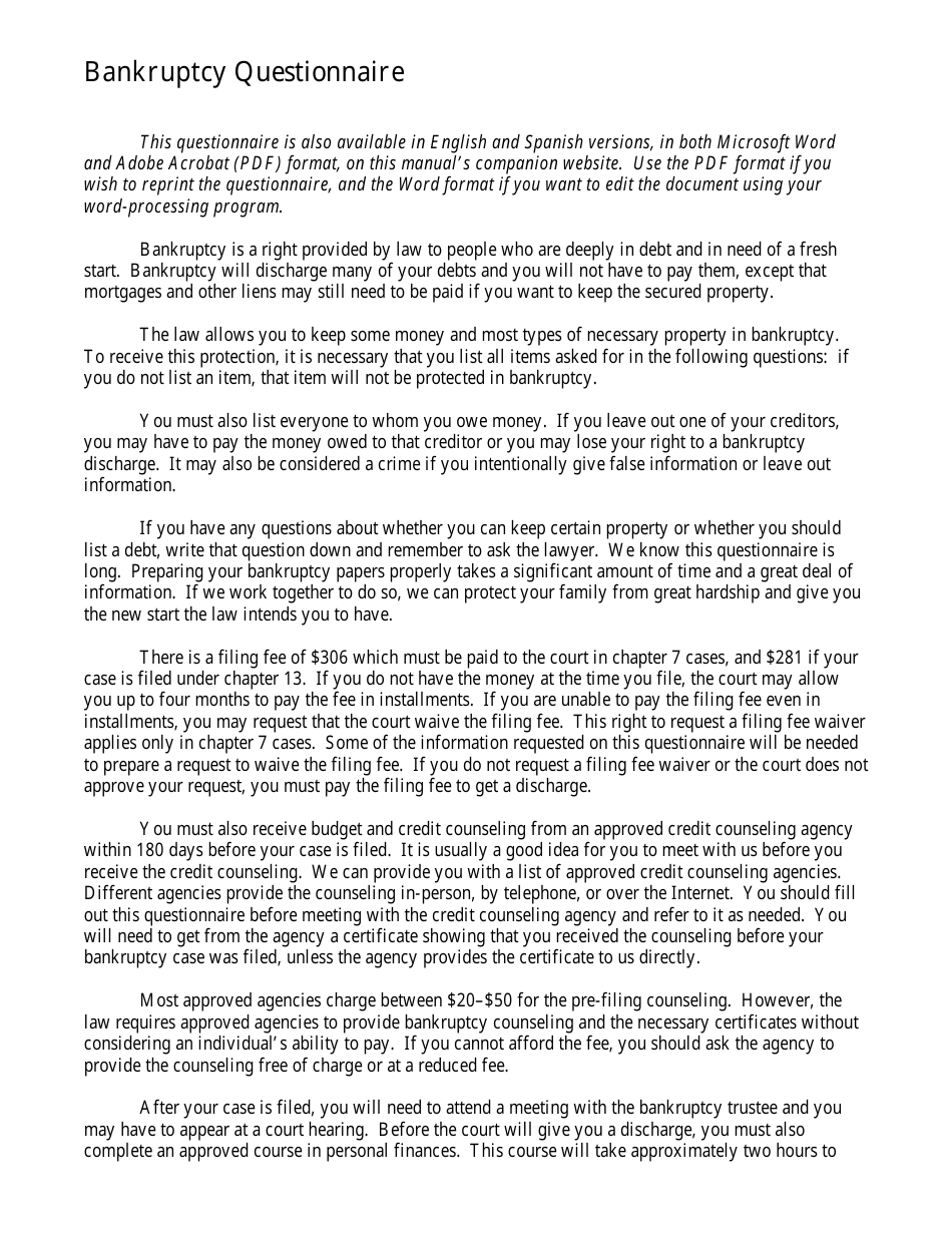 Bankruptcy Questionnaire Template Download Printable PDF | Templateroller