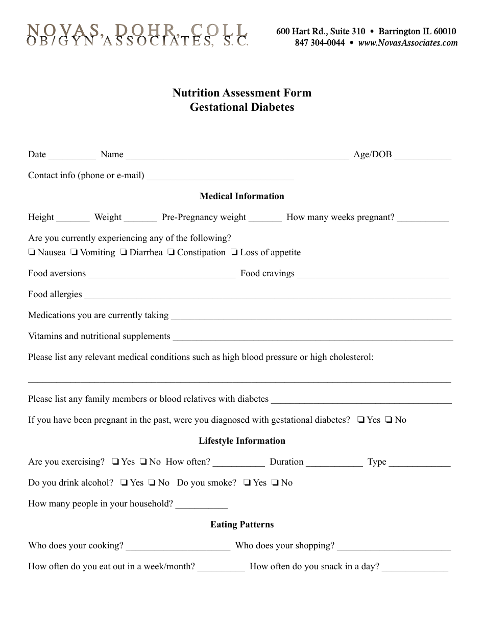 Nutrition Assessment Form Gestational Diabetes Ob Gyn Associates 