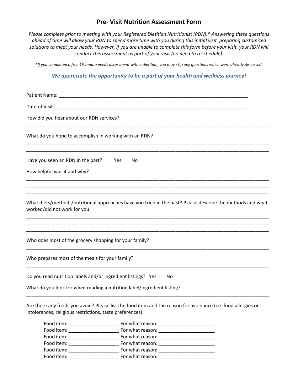 Pre visit Nutrition Assessment Form Fill Out Sign Online And